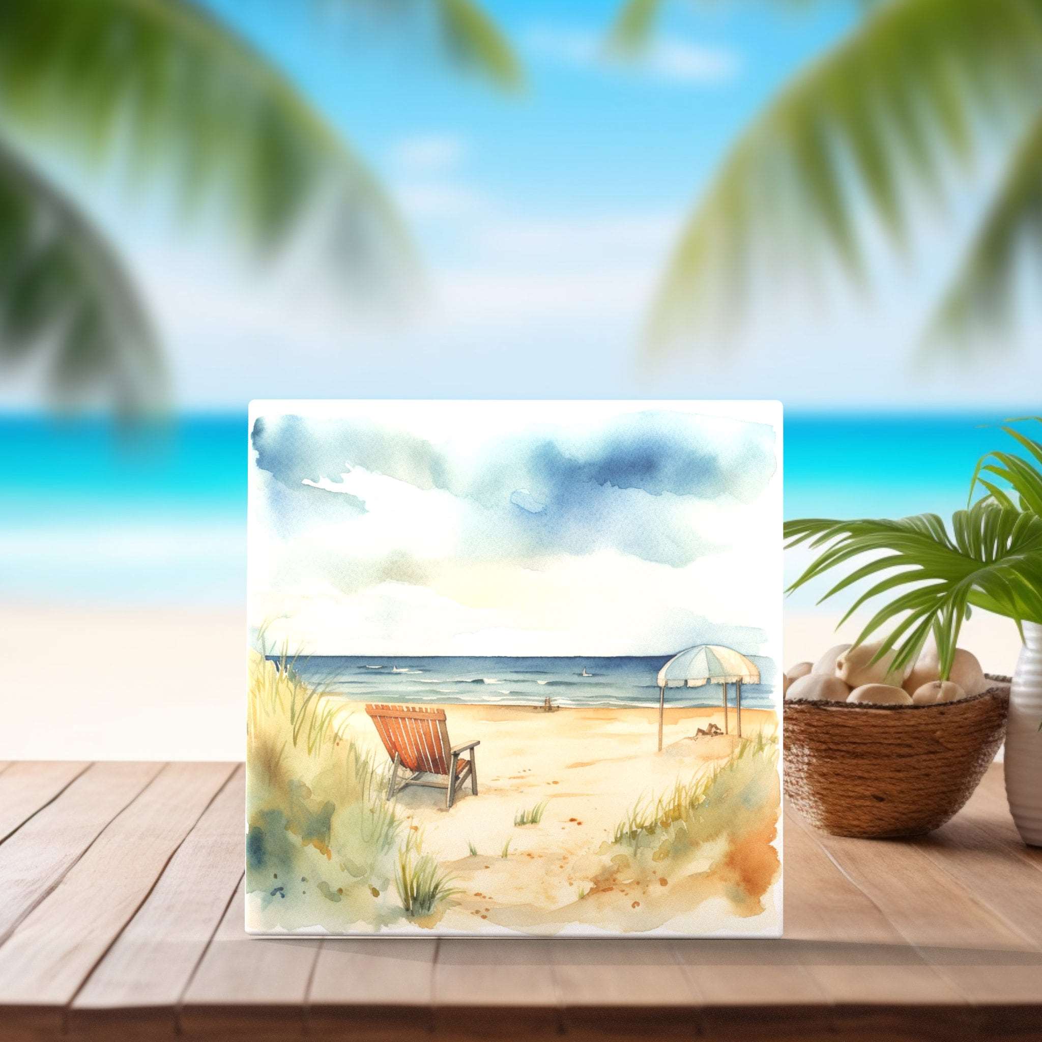 Serene Shoreline Retreat - Handcrafted Beach Scene Art Tile for Coasta ...